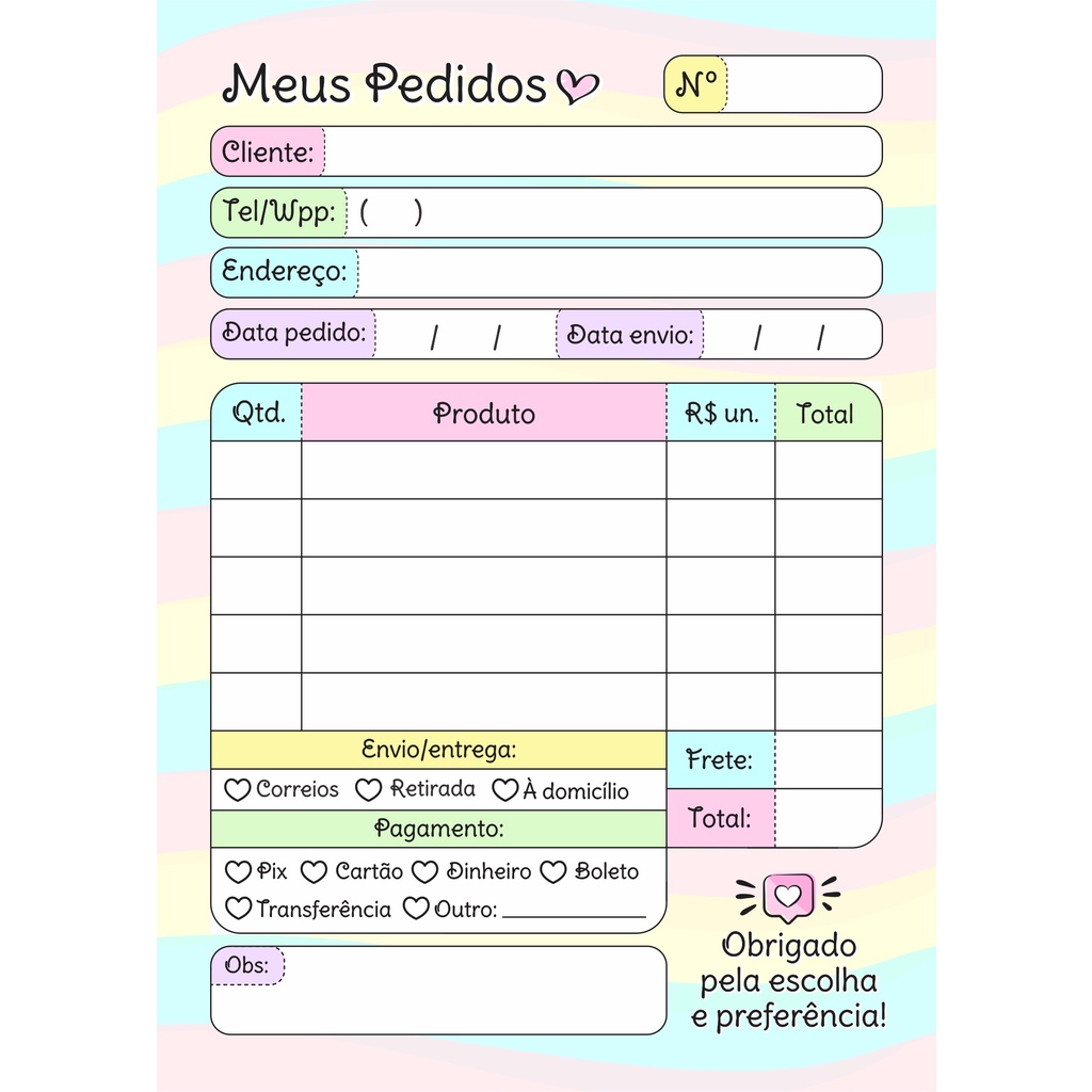 50 folhas de pedido 10x14 anotação pedidos envio embalagem controle ...