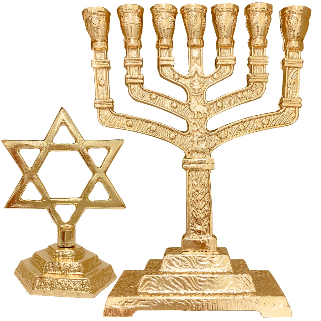Candelabro menorá judaico com as12tribos de Israel dourado16cm +Estrela ...