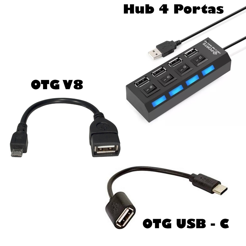 Usb Hub 4 Portas + Otg Tipo C Usb C + Otg V8 Micro Usb Adaptador ...