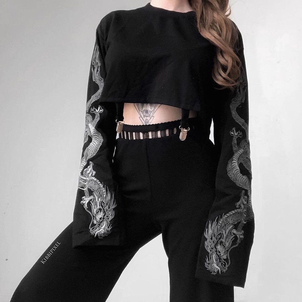 ☀POP☁Women Dragon Print Long Sleeve Tops Autumn | Shopee Brasil