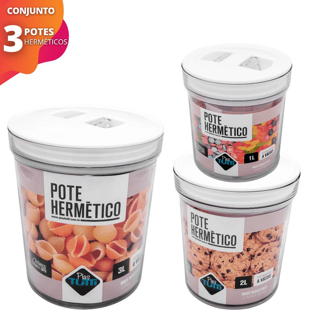 Conjunto 3 Potes Hermeticos 1L / 2L / 3L Tampa a Vacuo Cozinha ...