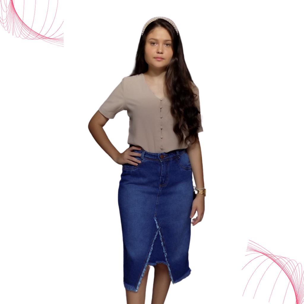 Saia Midi Jeans Moda Evangélica Azul Médio 100% | Shopee Brasil