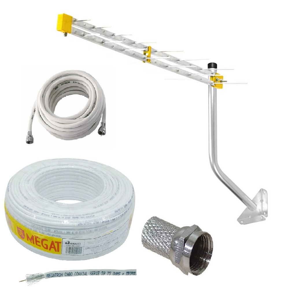 Kit Antena Digital Externa Hd completa 20 mts Cabo Suporte E Parafusos ...