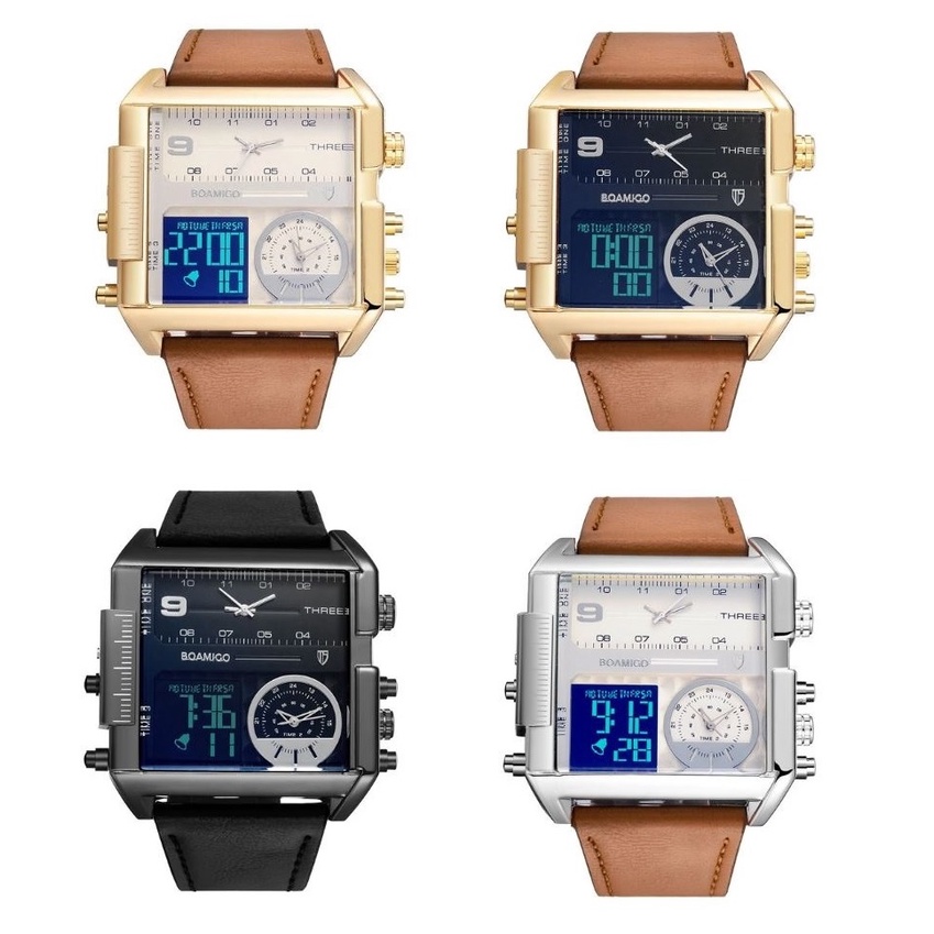 Relogio Pulso Boamigo 3 Fusos Pulseira de Couro Masculino Esportivo ...