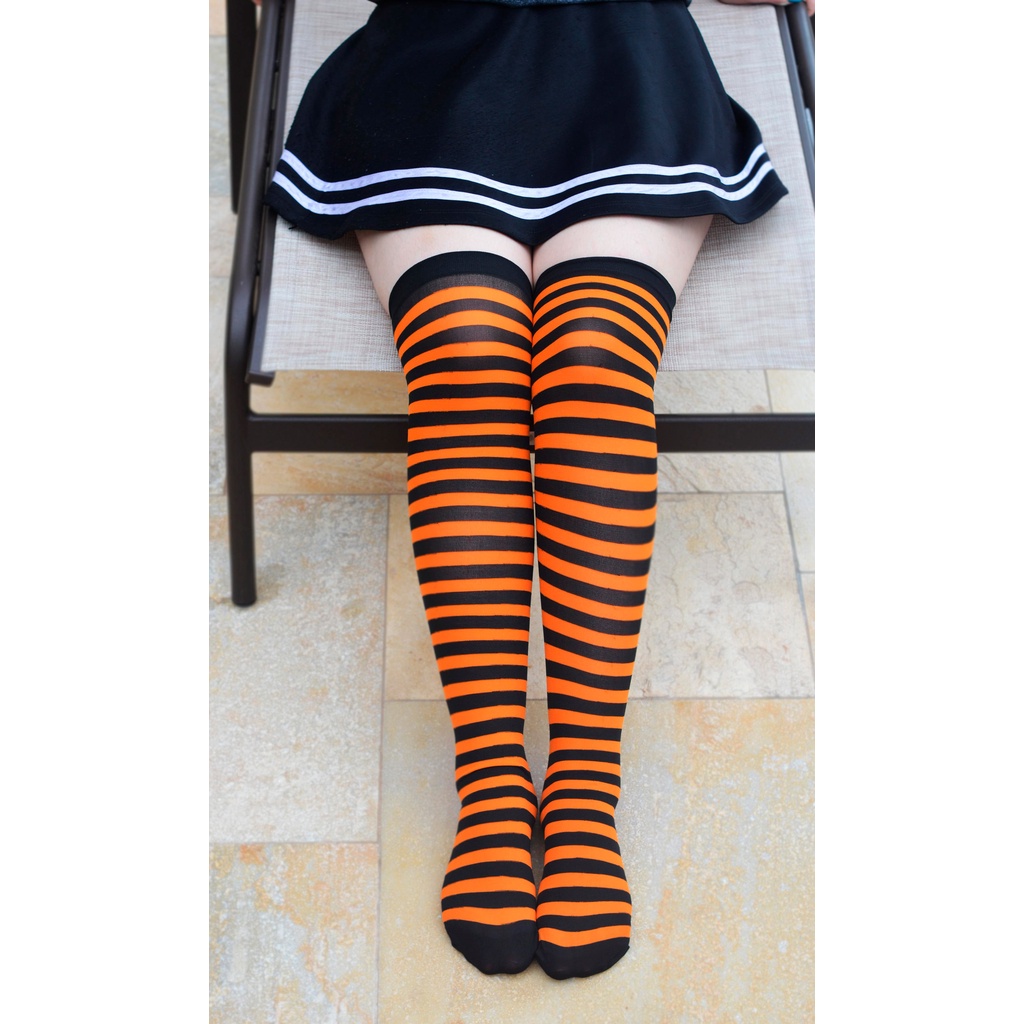 Meia Listrada Preto e Laranja 7/8 Cosplay Fantasia Festa Kpop Kawaii ...
