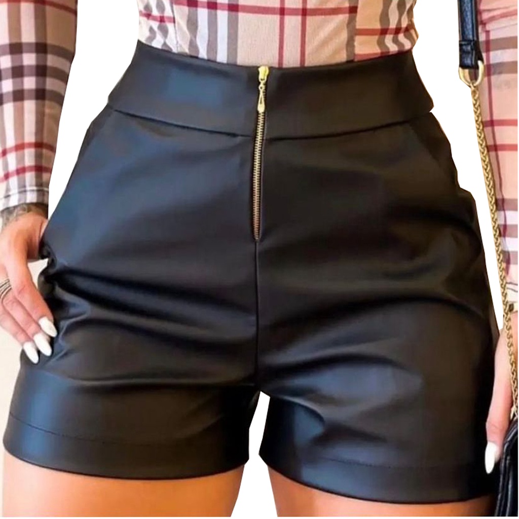 Short Couro Ecológico De Zíper Feminino Short Curto Estiloso - Faz a Boa!