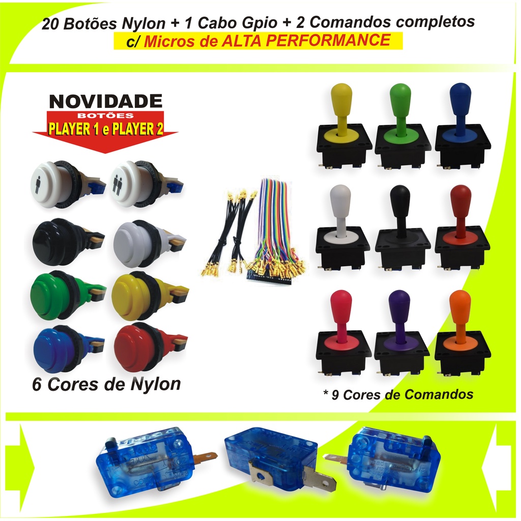 Kit 20 Botões Arcade + 02 Comandos + 1 Cabo Gpio C/ 2 Terras (Micros de Alta Performance ...