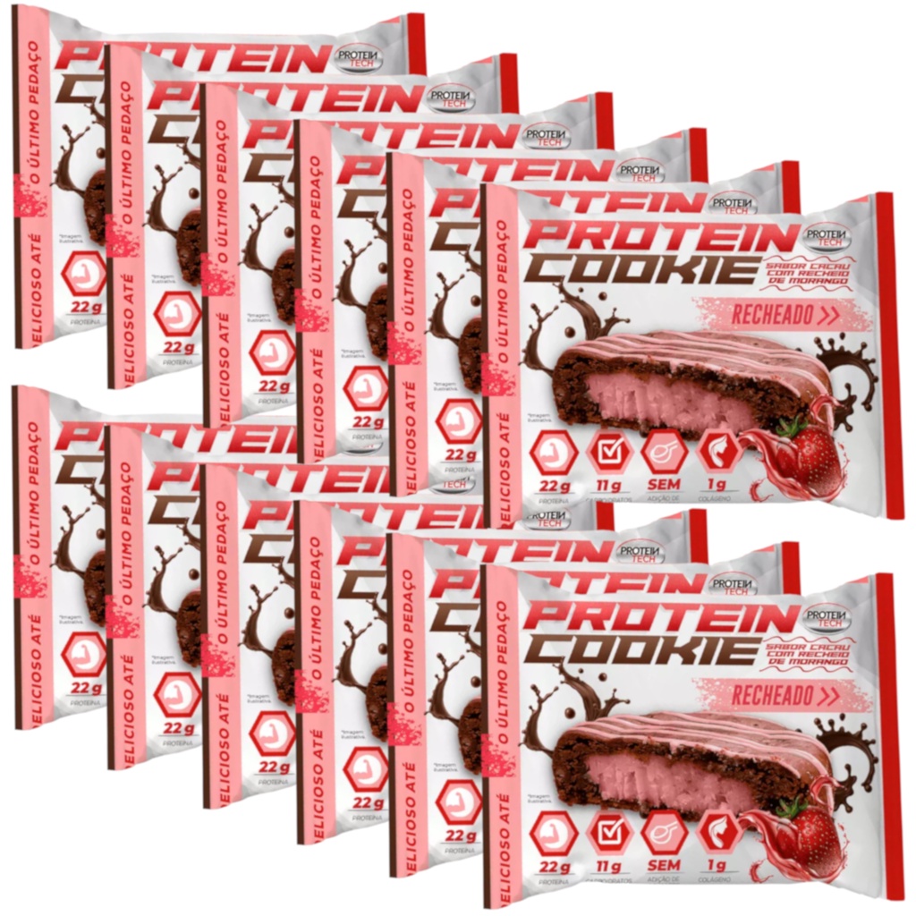 Kit 12x Cookies Proteico Whey Protein Tech Cacau recheado com Morango ...