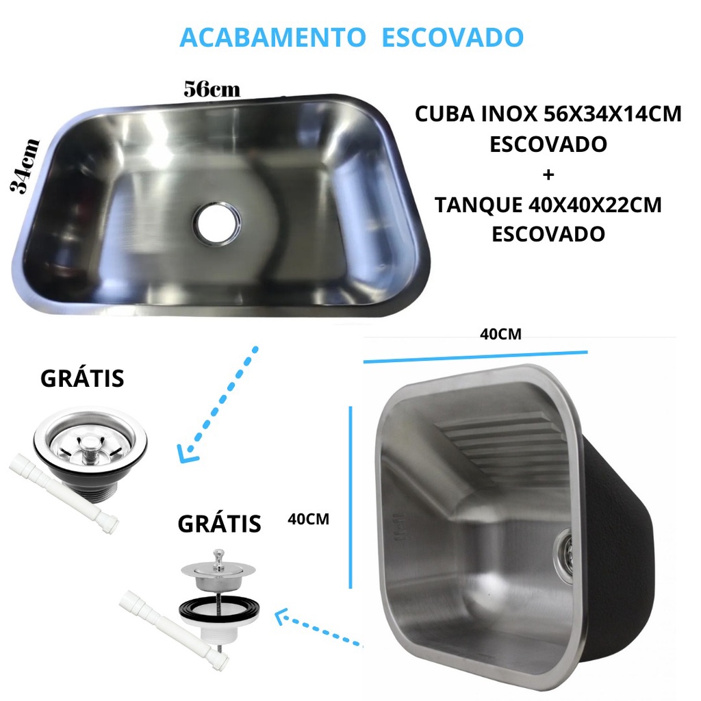 KIT TANQUE INOX COM ACABAMENTO ESCOVADO 40X40X22CM RESISTENTE + CUBA ...