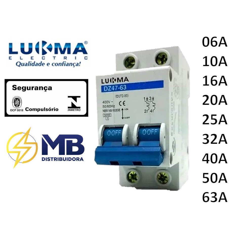 Disjuntor Bipolar DIN Curva C Lukma 10A, 16A, 20A, 25A, 32A, 40A, 50A, 63A | Shopee Brasil