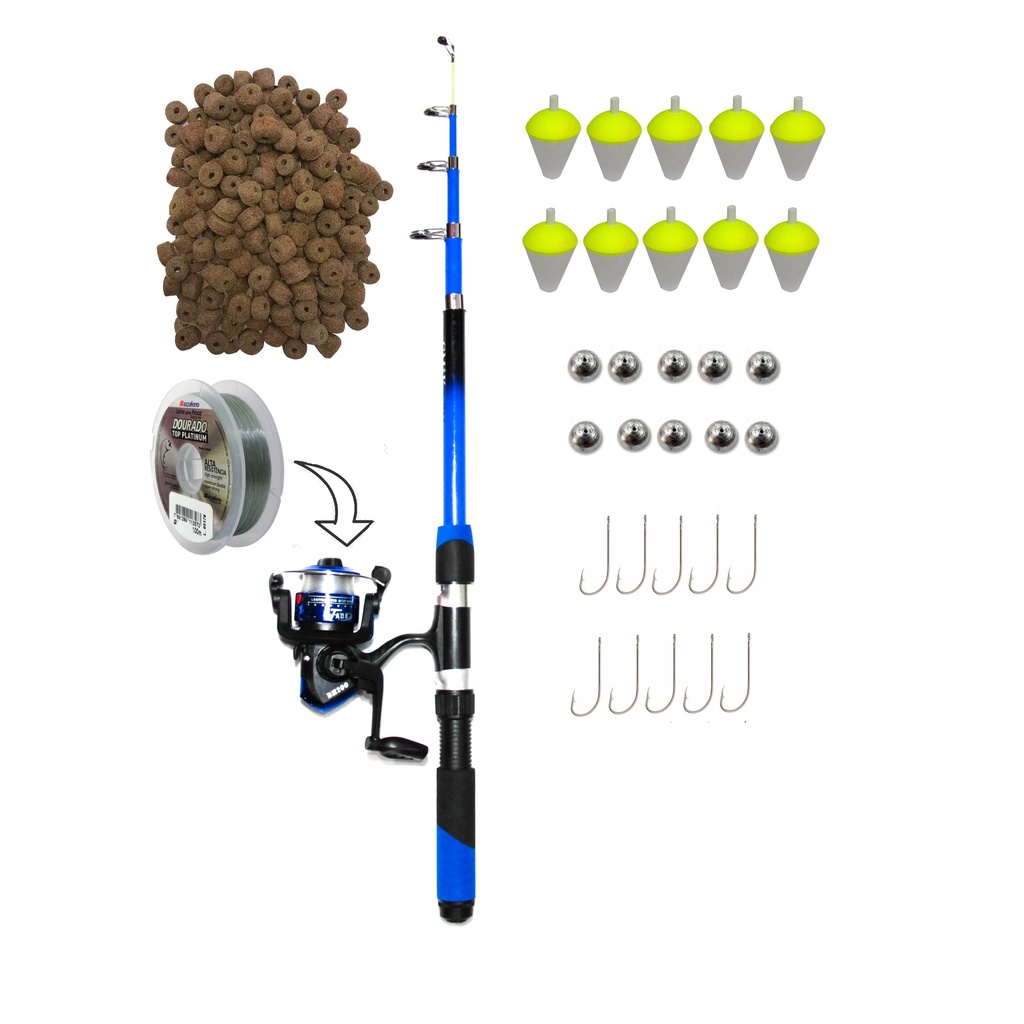 Kit Pesca completo 1 Vara Telescópica + Molinete + Linha + Anzol + Chumbada + Boia + Isca ...