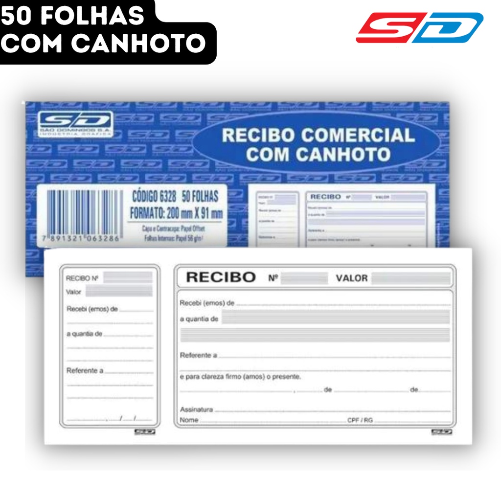 Talão Recibo Comercial COM Canhoto São Domingos - 20x9,1cm - 50 Folhas | Shopee Brasil