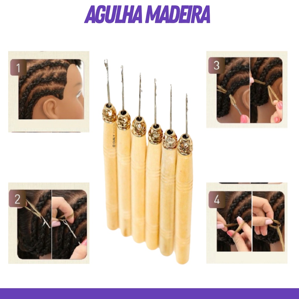 Agulha Para Crochet Braids Cabo de Madeira e Trava Gancho - Facil ...