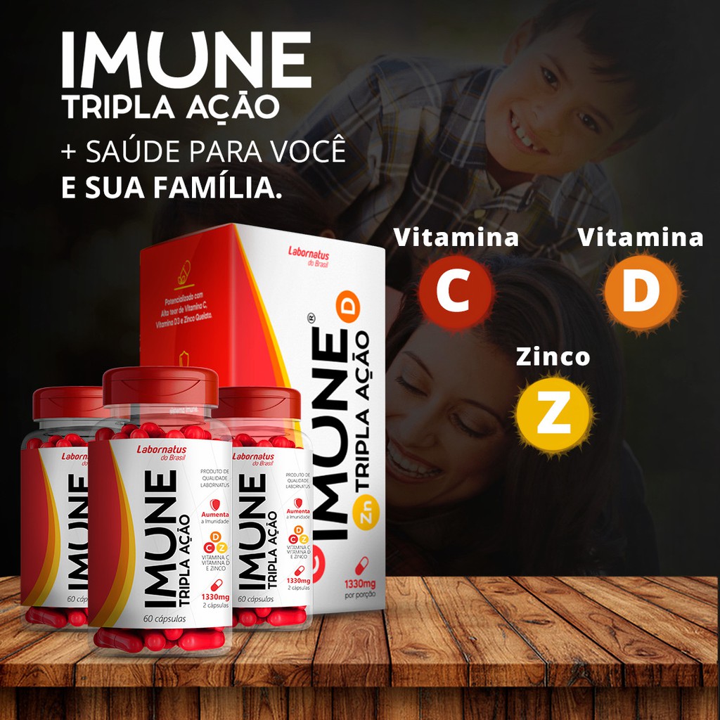 Kit 3 Imune Tripla Ação Vitamina C 1.3G + Vitamina D3 + Zinco 29,59mg ...