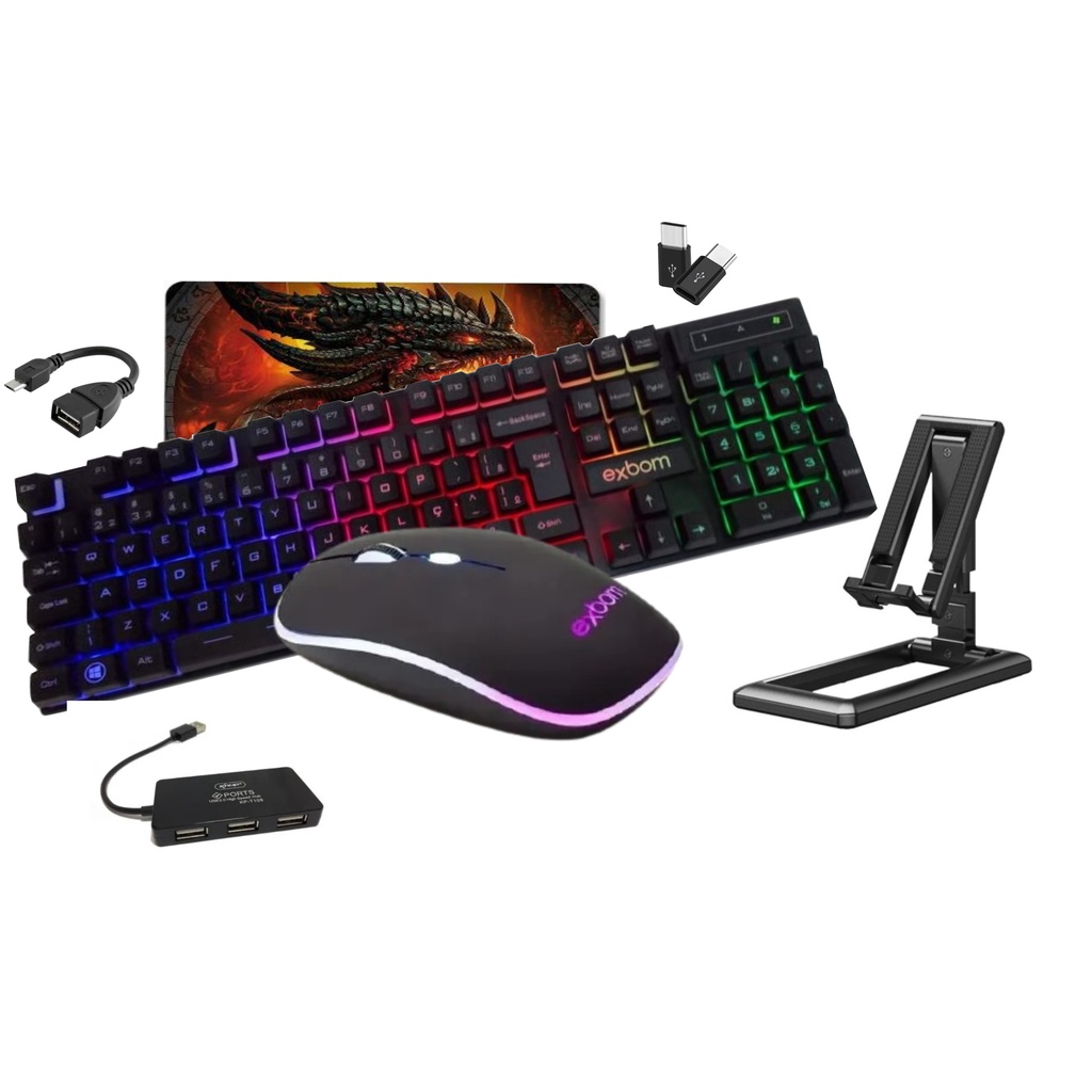 Mobilador Kit Gamer Teclado E Mouse Hub Otg Celular + Suporte | Shopee ...