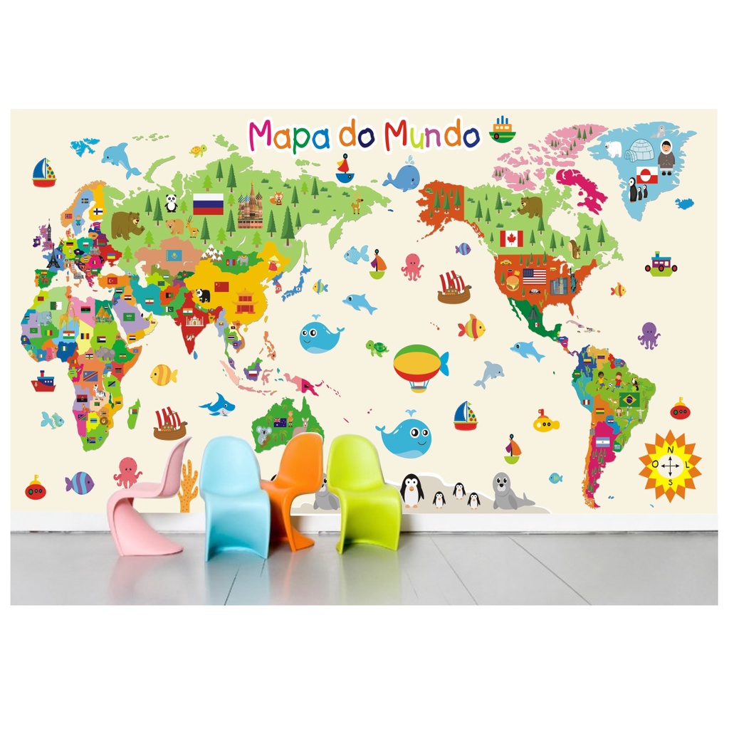 Adesivo Infantil Papel De Parede Mapa Mundi Painel Decorativo Mapas ...