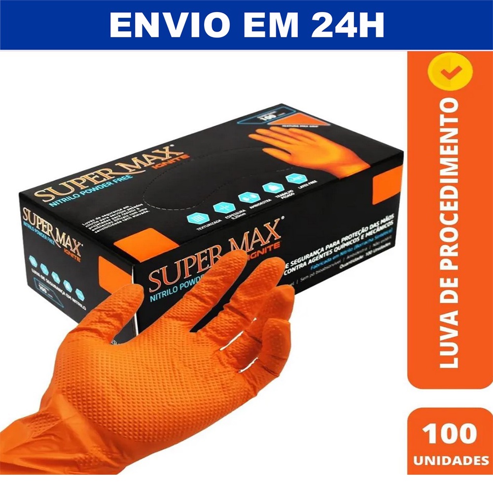 Luva Nitrílica Laranja Orange Sem Talco Ignite Supermax caixa | Shopee ...