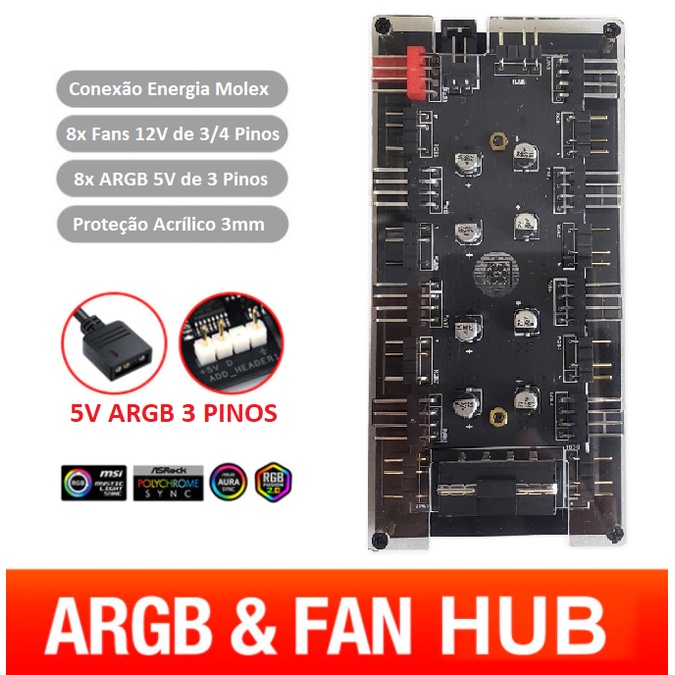 Hub ARGB 5V 3 Pinos Multi Fans 3 e 4 Pinos até 8 Fans Molex | Shopee Brasil