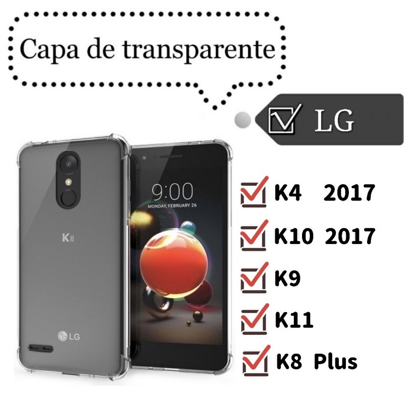 Case Capa Capinha LG K4 K10 2017 K9 K11 K8 Plus Tpu Anti Impacto Transparente | Shopee Brasil