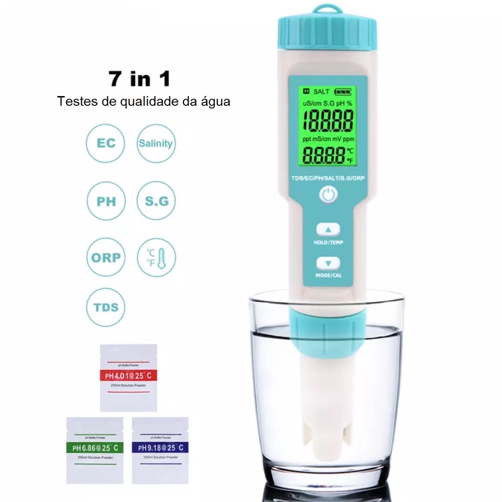 Medidor Digital 7 Em 1 Portátil Salinidade PH TDS Temperatura Condutividade A8789 | Shopee Brasil