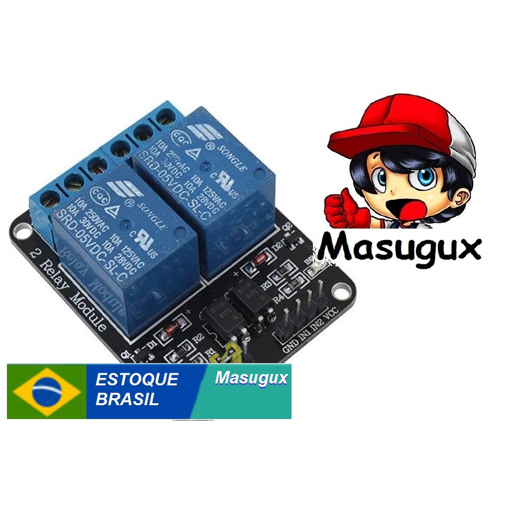 Módulo Relé 2 Canais 5v Compatível com Arduino / Pic / Arm / Nodemcu / Raspberry / ESP32 ...