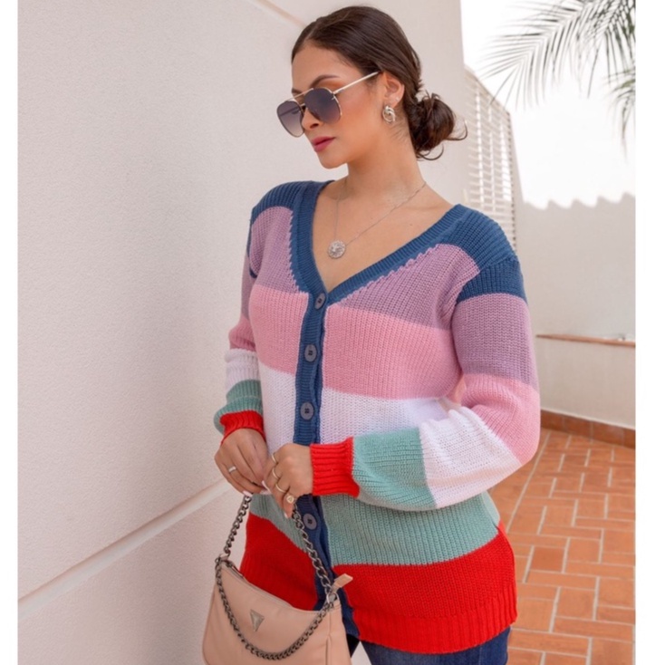 Casaco grande com listras tricot plus size feminino colorido manga ...