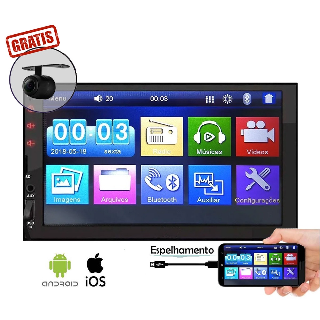 Central Multimídia Mp5 2 Din Usb Bluetooth Espelhamento Android IOS + Câmera de ré automotiva ...