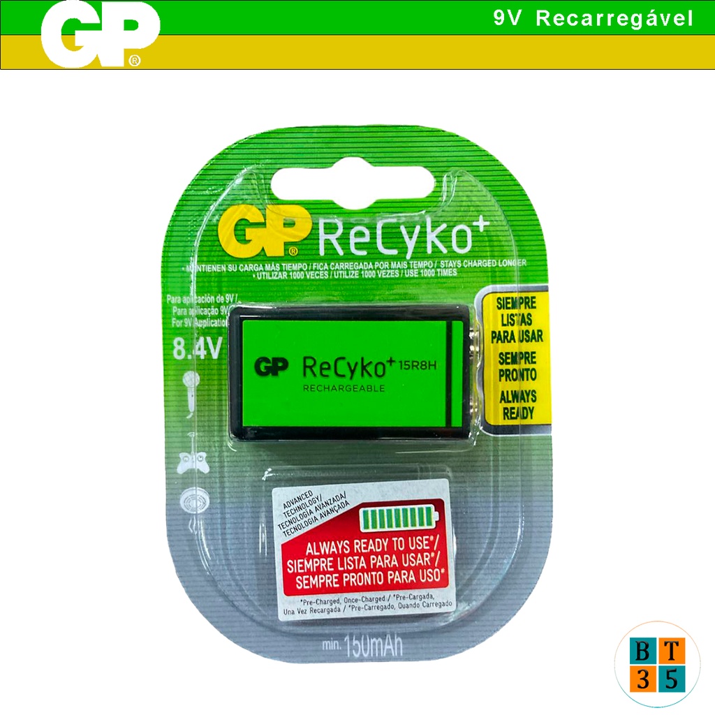 Bateria Pilha 9v Gp Recarregavel Recyko 150 mAh 8.4V 15R8H | Shopee Brasil