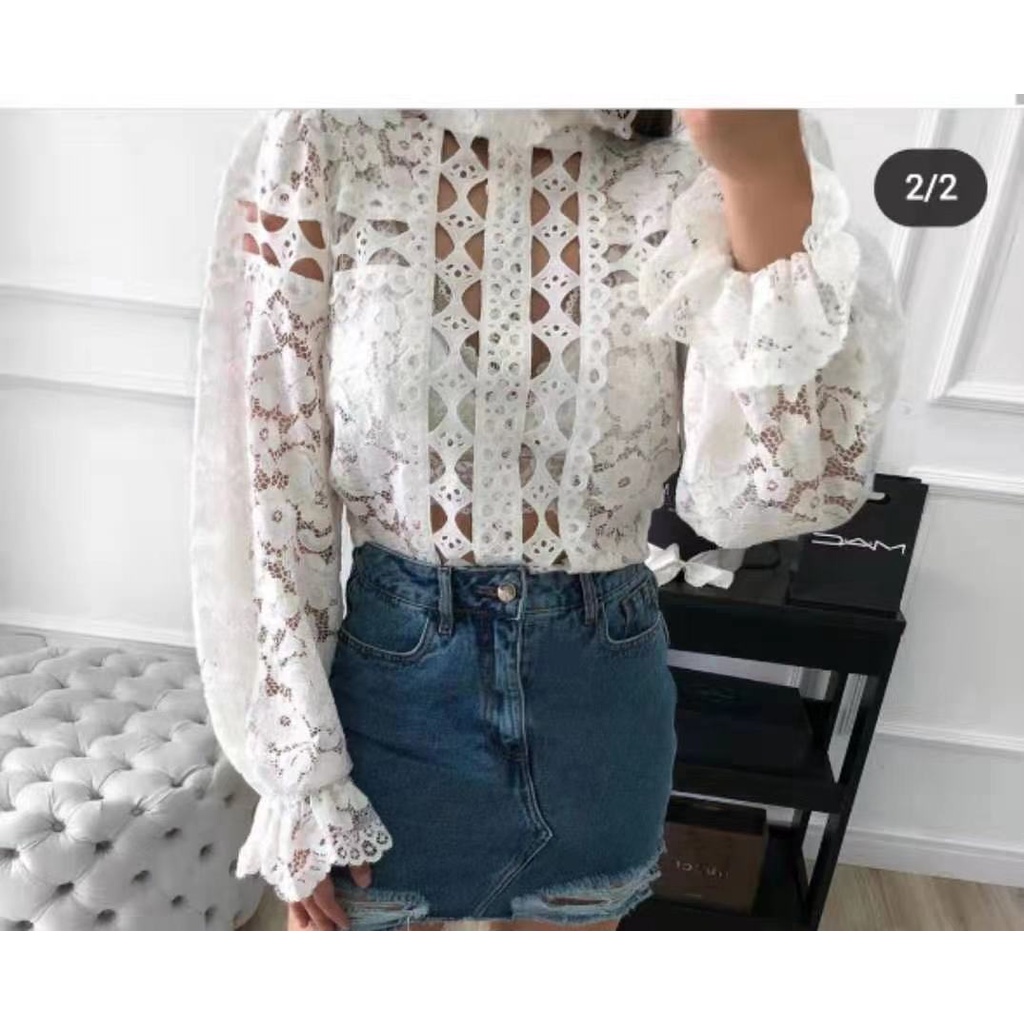 Blusa Feminina De Renda Com Gola Redonda manga comprida 1368 | Shopee ...