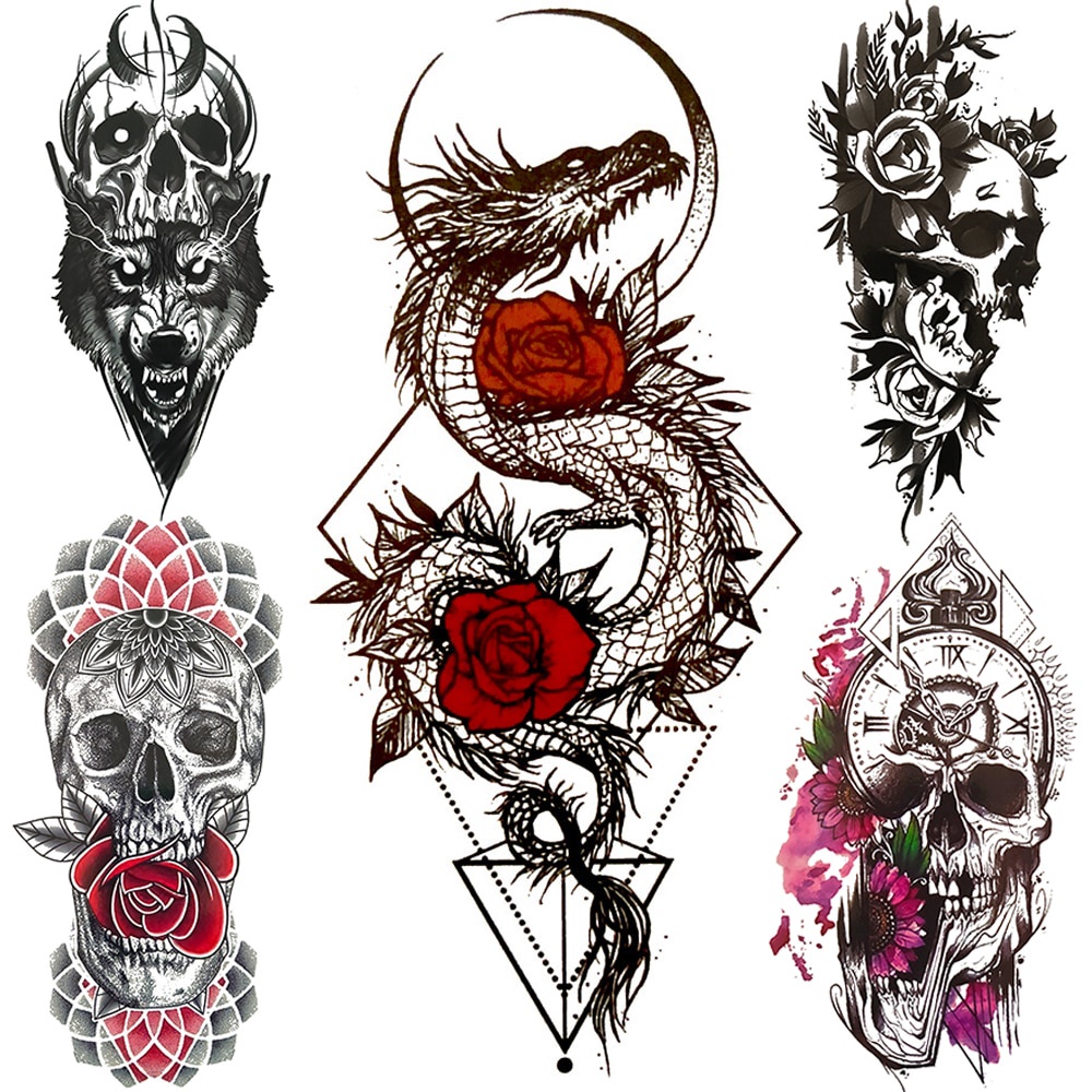 3D Skeleton Fake Temporary Tattoo For Women Men Death skull Dragon ...