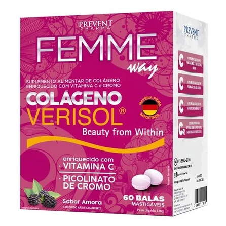 Colágeno Verisol Femme Way 60 Balas Sabor Amora com Picolinato de Cromo ...