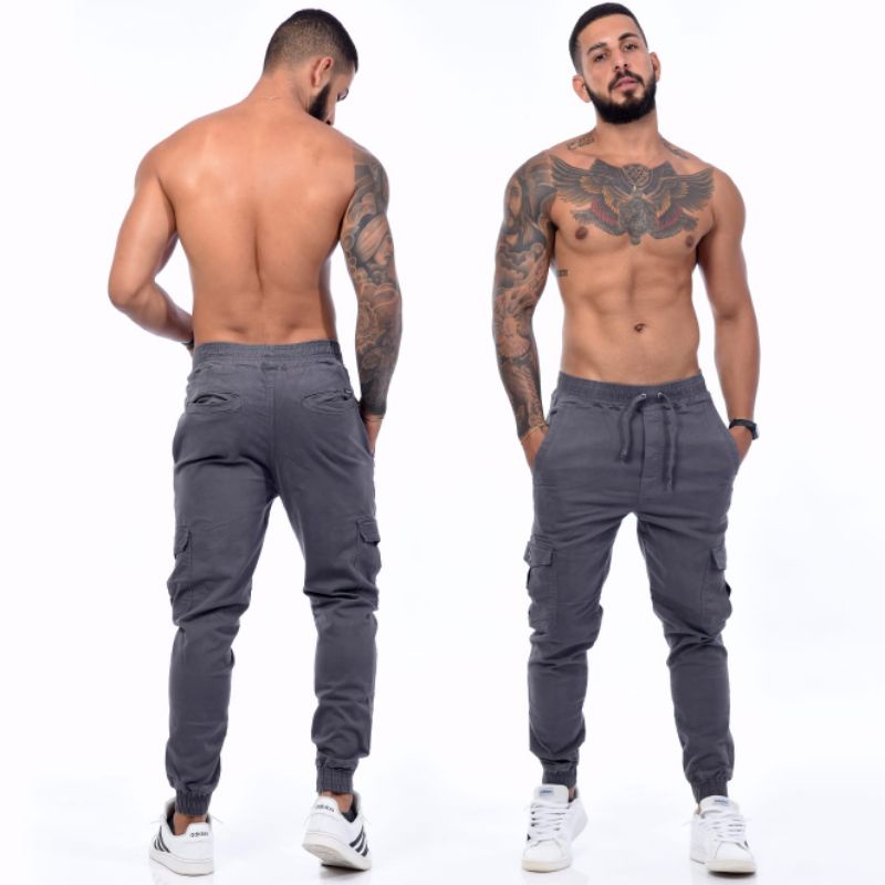 Calças Cargo Masculinas Jogger Com Lycra Bolso Lateral Top Deversas