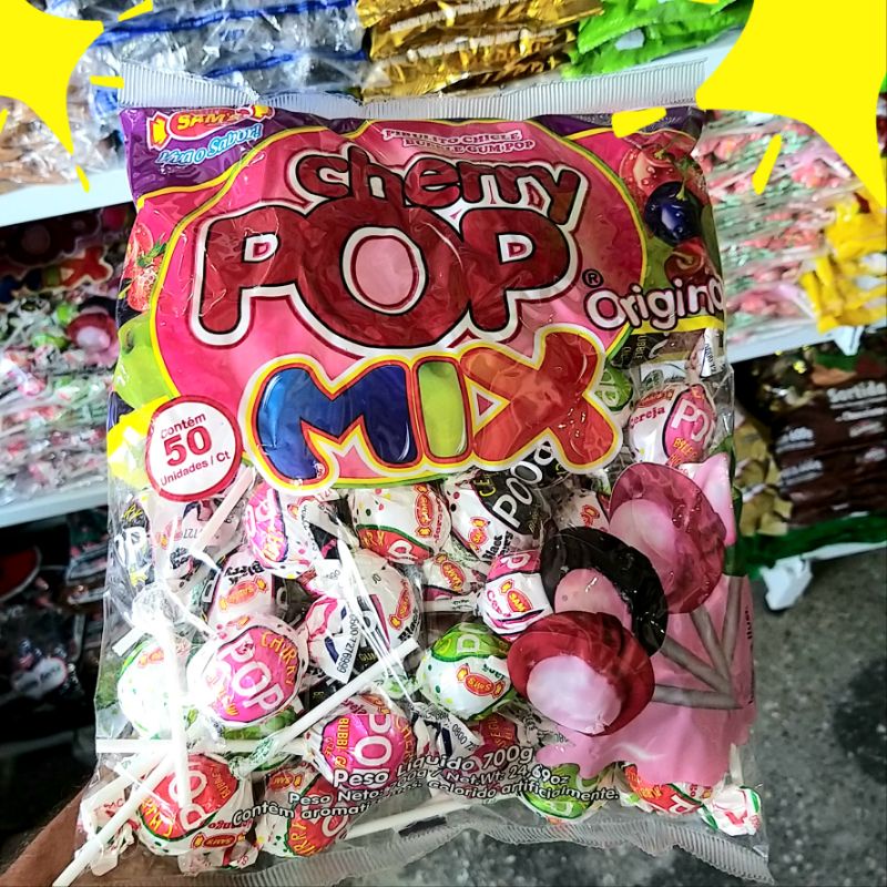Pirulito Cherry Pop Cereja Recheio Chiclete c/50 - Sams - Escorrega o Preço