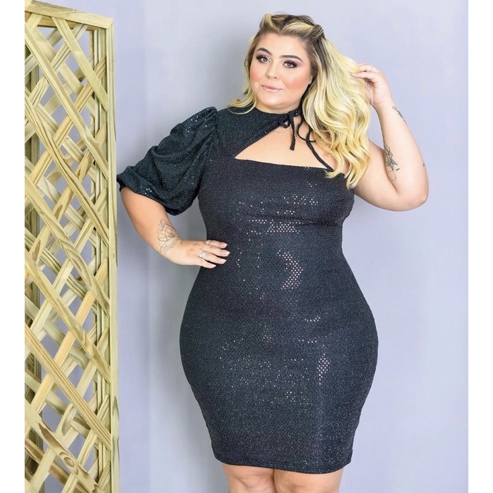 Vestido Virgínia Plus Size 46 ao 52 Curto Lurex Manga Única Bufante ...