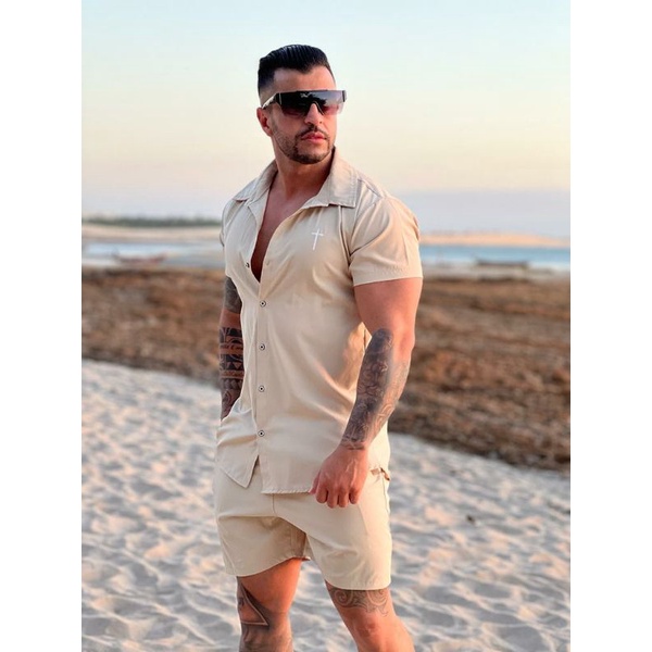 Conjunto Praia 2 Peças Camisa e Short Masculino Bege Tecido Tactel C ...