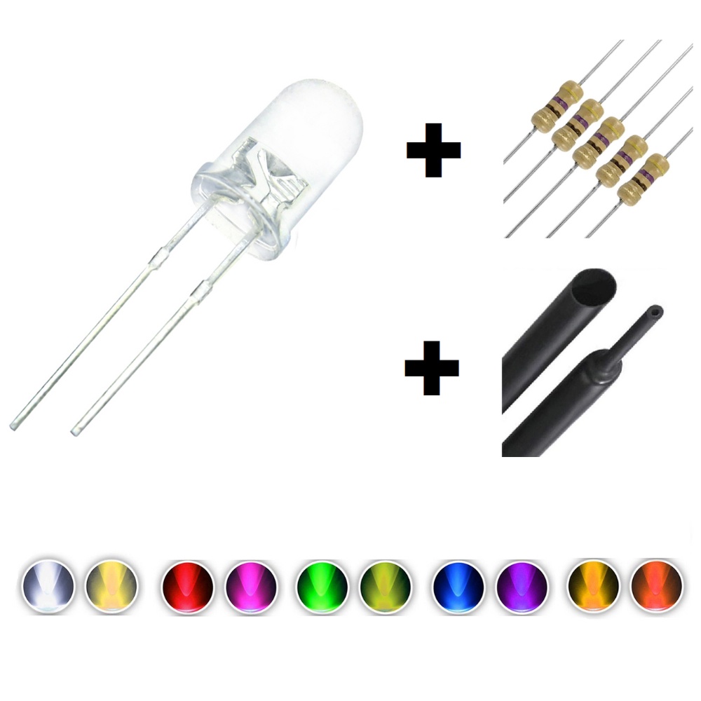 Kit 100x Led 5mm Alto Brilho 10 cores + Espaguete + Resistor 5v 9v 12v ...