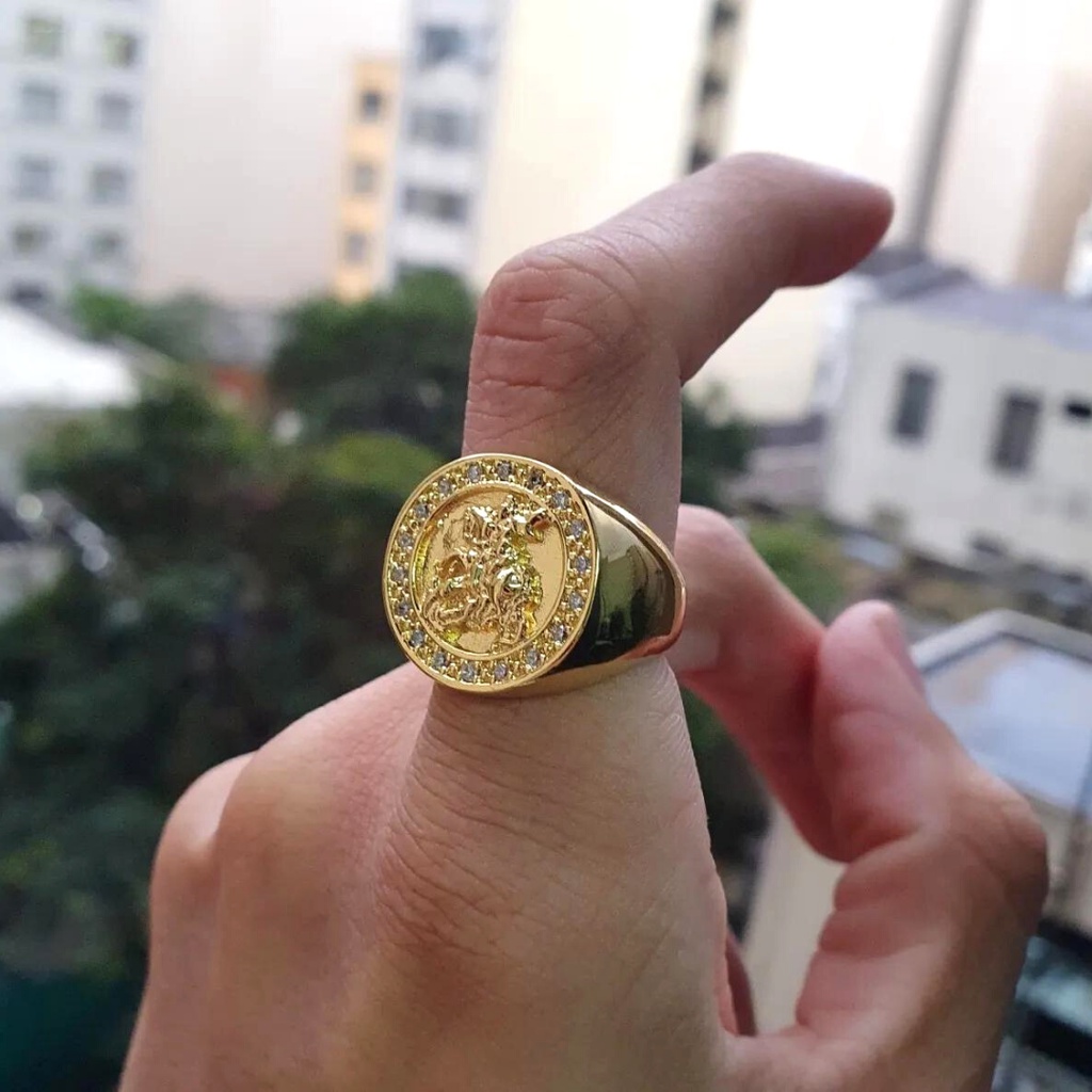 Dedeira Masculina São Jorge Banho Ouro 24k Garantia Anel Cravejado ...