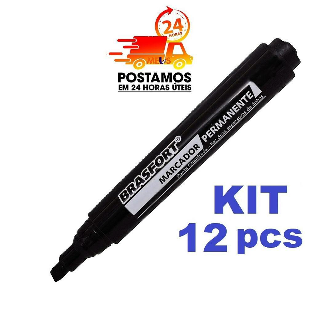 Kit com 12 Canetas Marcador Permanente Ponta Grossa Chanfrada Preta ...