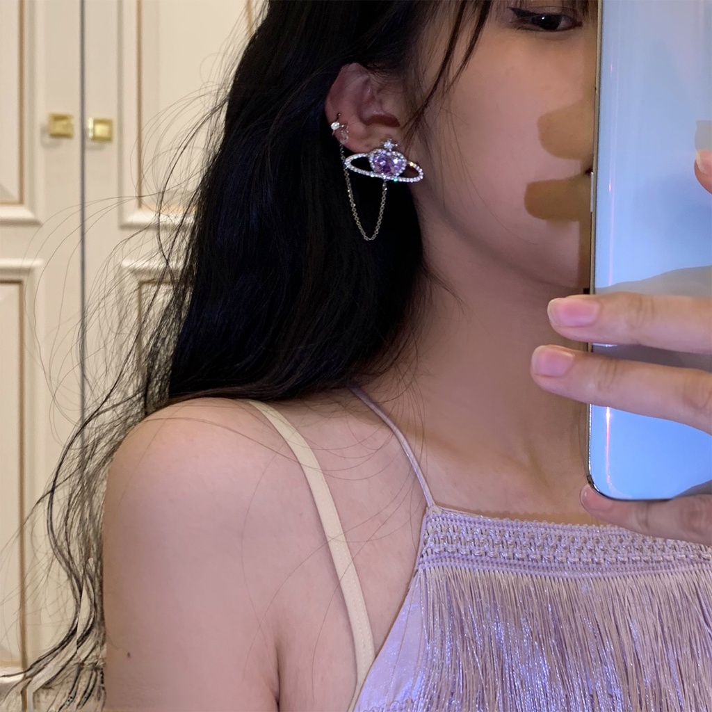 925 Brincos De Prata Roxo Saturn Pedra Preciosa Feminina De Verão Brinco De Orelha Sem Furos ...