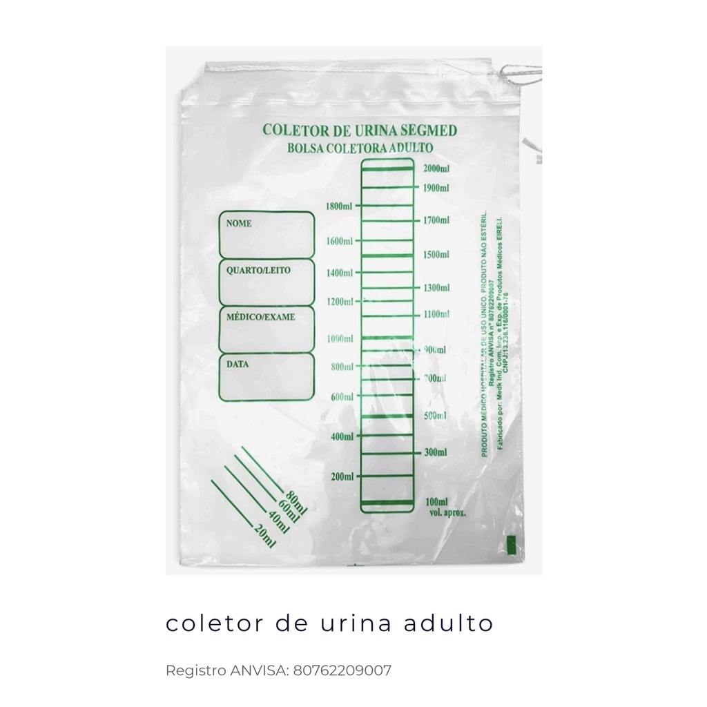 Coletor De Urina tipo saco para Adulto 2 Litros Pacote Com 100 Unid ...