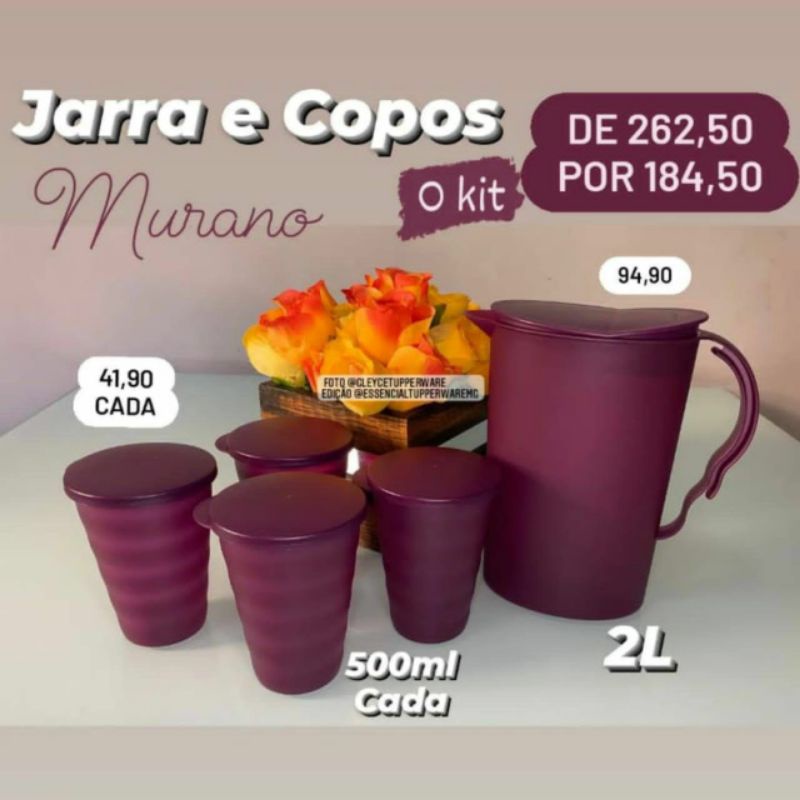 Tupperware Kit Jarra + 4 copos com tampa murano roxo | Shopee Brasil