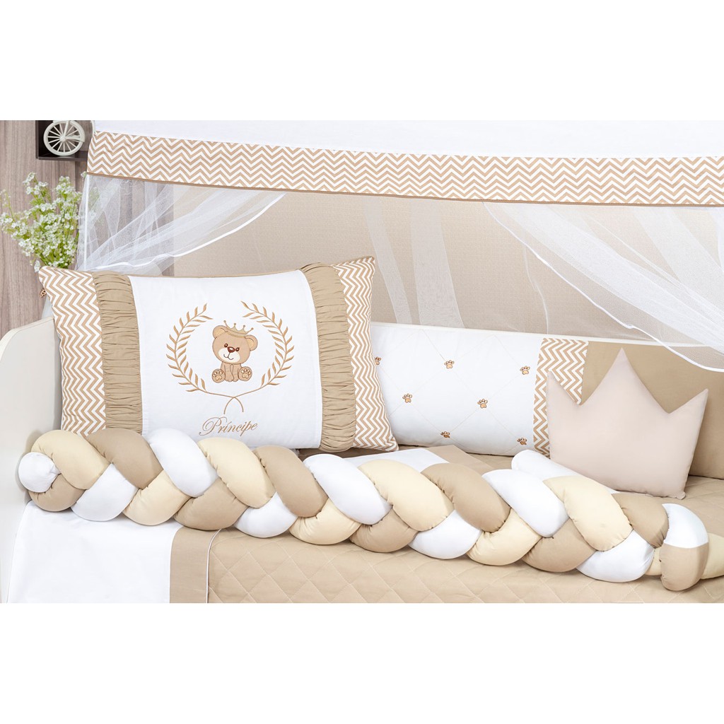 Kit Berço Trança Urso Teddy Bege Caqui Completo Com Lençol e Saia Box ...