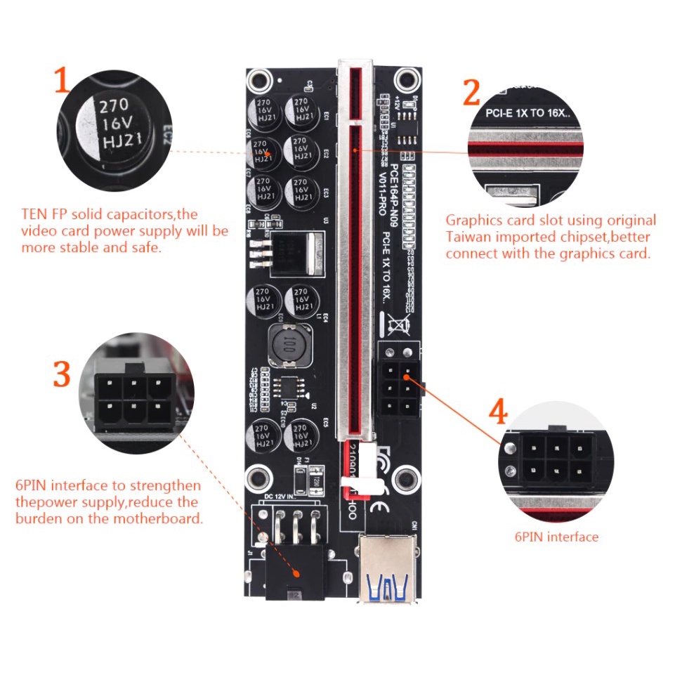 Kit Riser Pci Express 1x A 16x Pcie Mineração V011-PRO 10 Capacitores ...