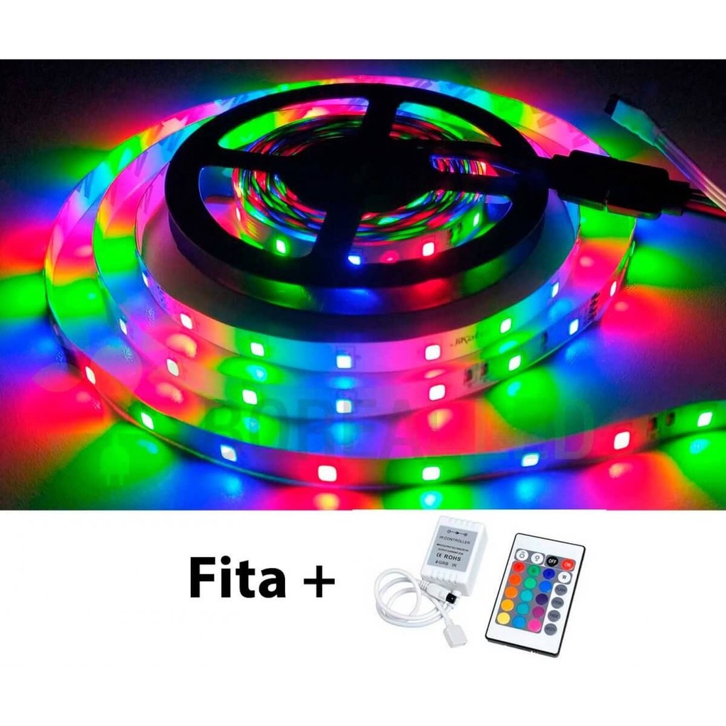 Fita LED RGB Colorida 2835 5metros 300 LEDS IP20 + Controle RGB ...