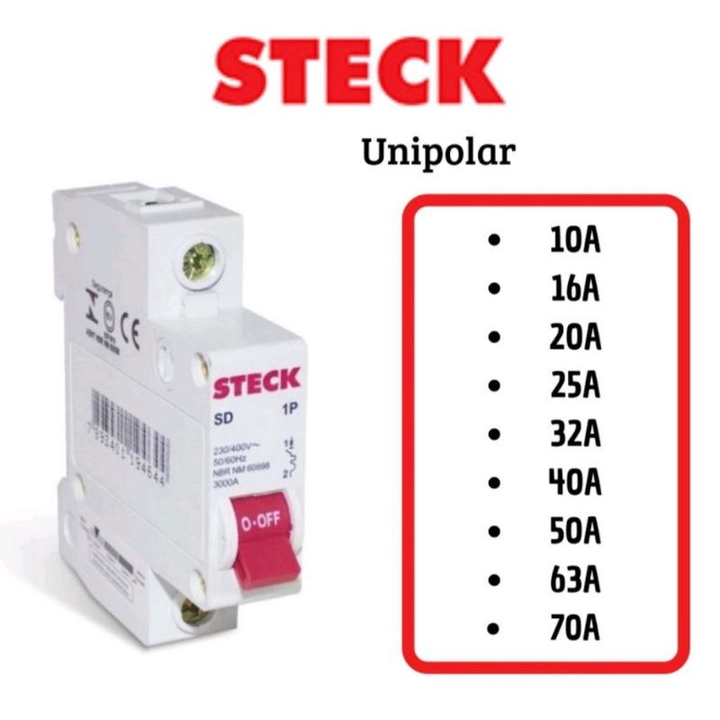 Disjuntor unipolar din steck curva C 10A 16A 20A 25A 32A 40A 50A 63A | Shopee Brasil