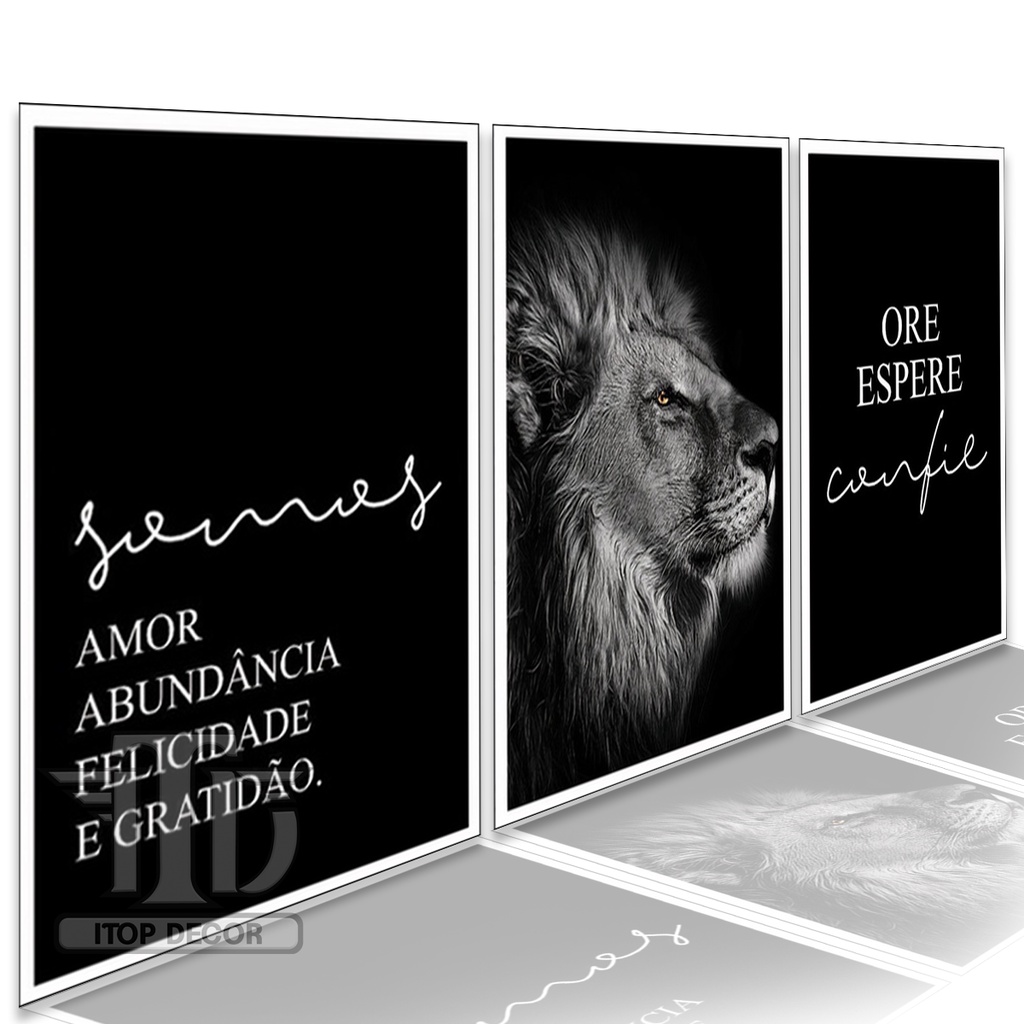 Kit 3 Peças Quadros Decorativos De Parede Leão Preto E Branco Religioso