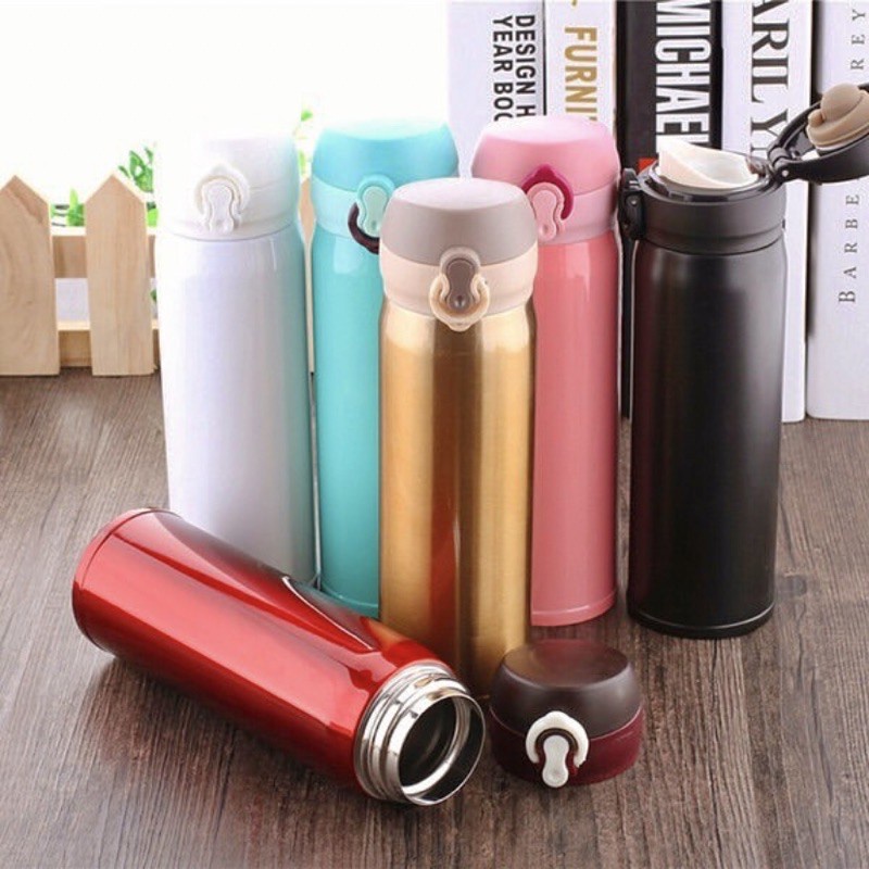 Garrafa Termica 350 ou 450ML Aço Inox com Trava na Tampa Colorida ...