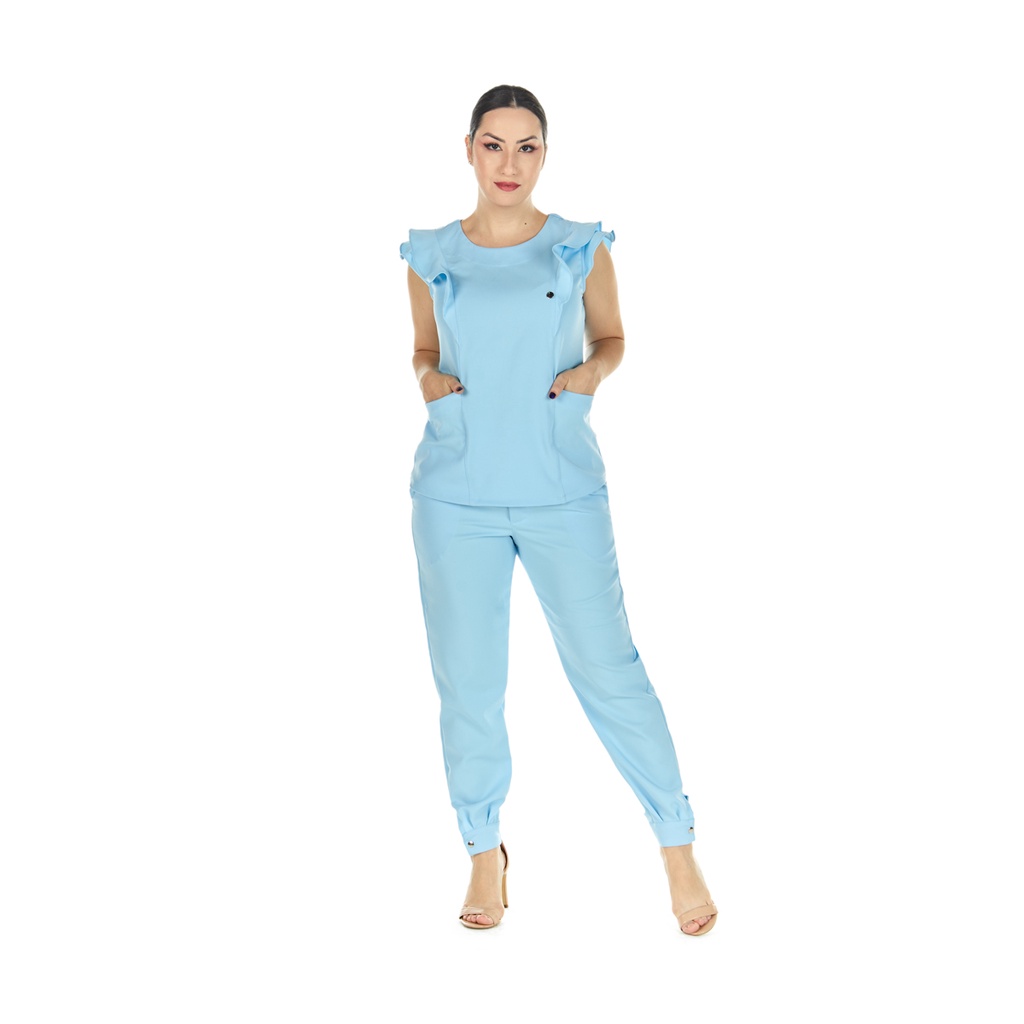 Conjunto Scrub Feminino Babados Azul Bebê Uniforme Casual Esteticista ...