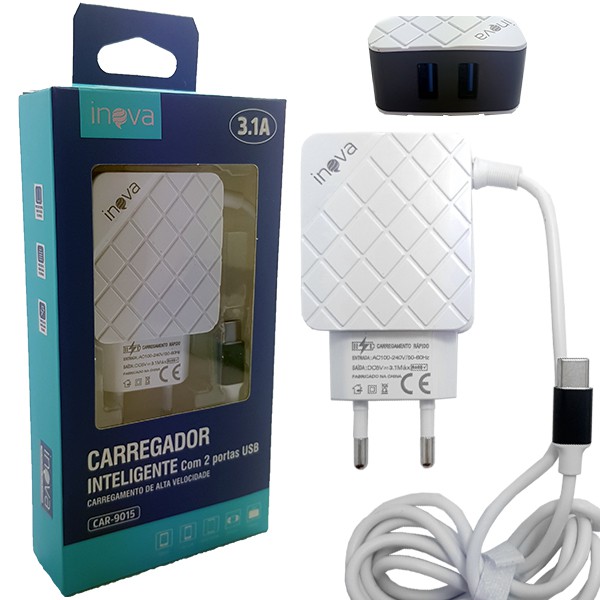 carregador inteligente Inova 2 entradas USB - type C | Shopee Brasil