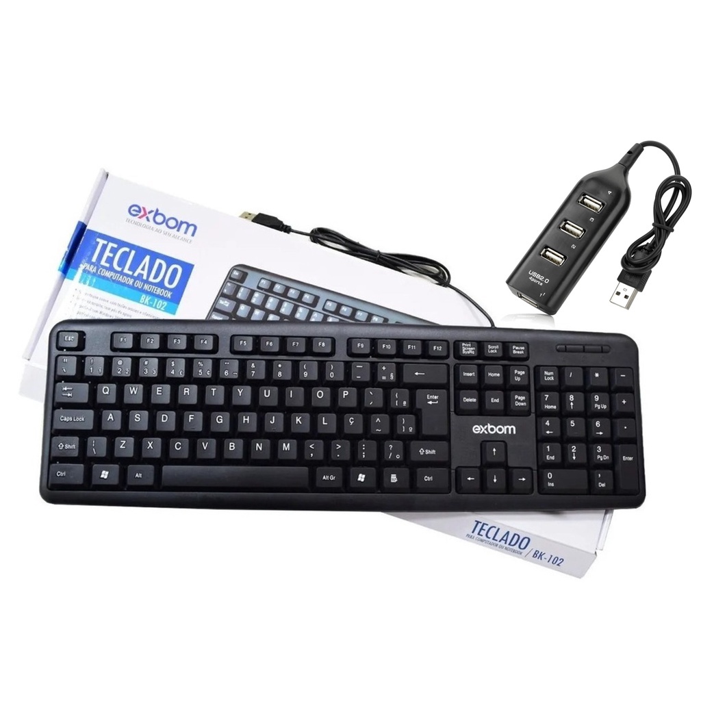 Teclado USB para Computador PC Notebook portugues Brasil Com HUB 2.0 4 ...